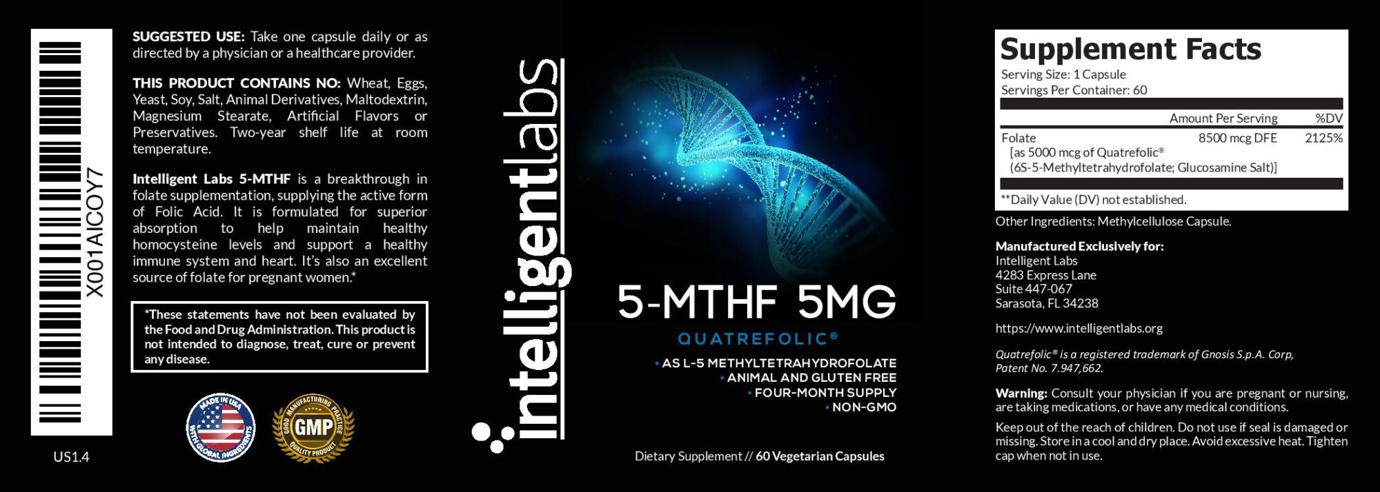 5MG 5MTHF L-Methylfolate Quatrefolic Acid - Intelligent Labs
